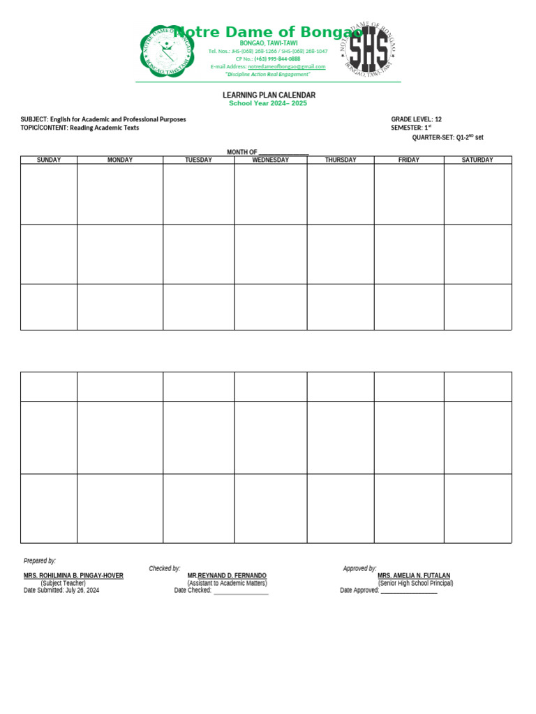 English Learning Plan Calendar 2024-2025 | PDF