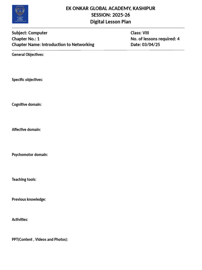 DIGITAL LESSON PLAN Computer Class 8 | PDF