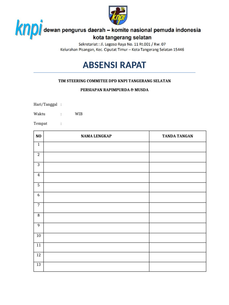 Absensi Rapat Tim Karateker KNPI Tangsel | PDF