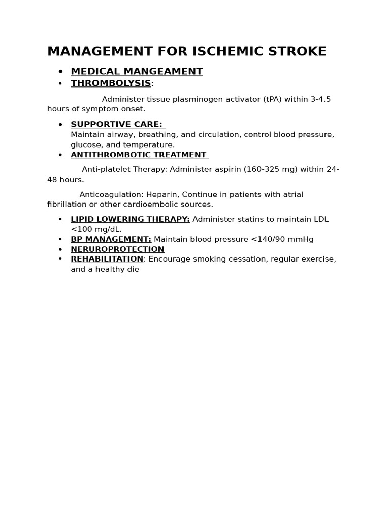 Management For Ischemic Stroke: Medical Mangeament | PDF