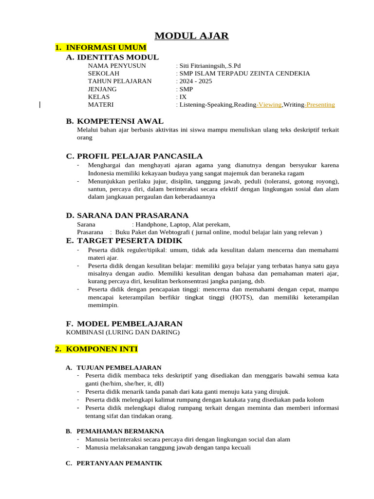 MODUL AJAR Bhs Inggris Kelas 9 Smes 1 Dan 2 | PDF