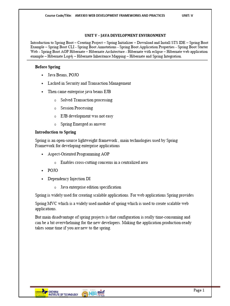 Cb3303 Notes Unit 5 | PDF | Spring Framework | Method (Computer ...