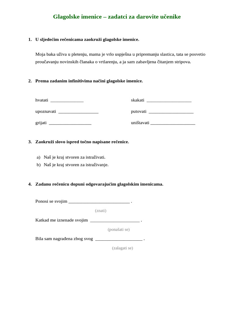 24 VH 6 Glagolske Imenice - Zadatci Za Darovite Ucenike | PDF