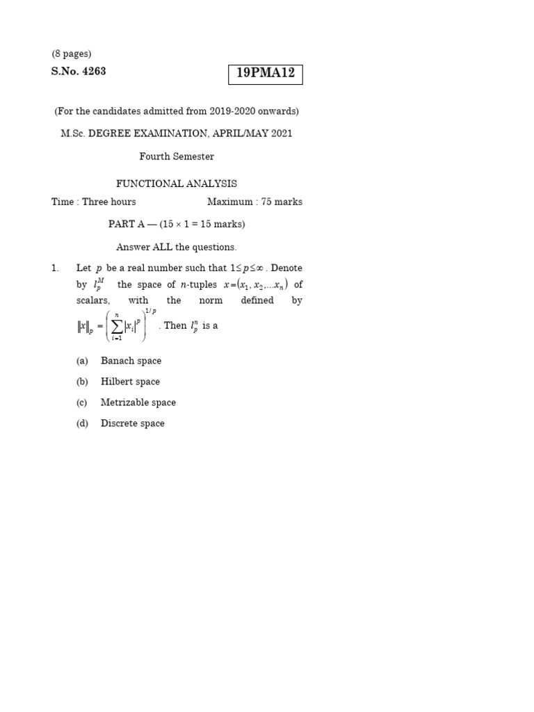 MSC 4 Sem Mathematics Functional Analysis 4263 May 2021 | PDF | Banach ...