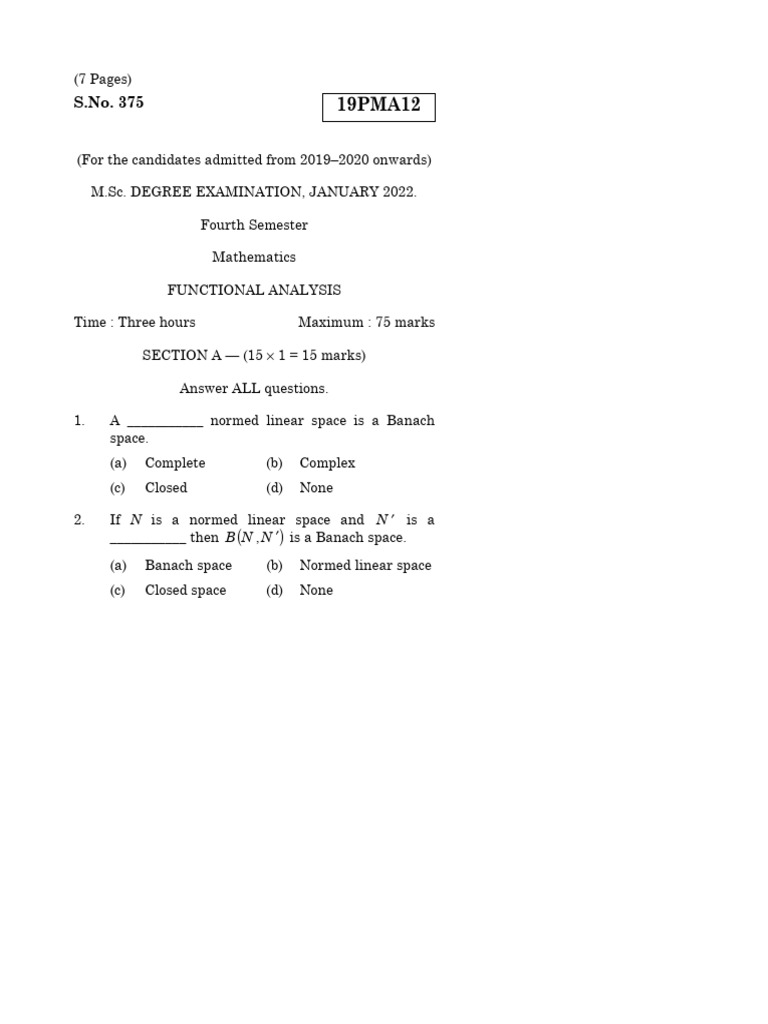 MSC 4 Sem Mathematics Functional Analysis 375 Jan 2022 | PDF | Banach Space | Vector Space