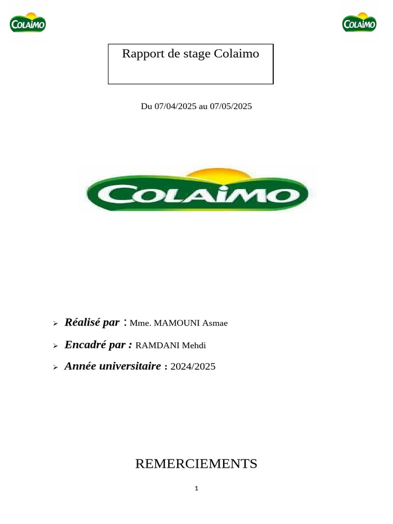 Rapport de stage à Colaimo Oujda | PDF | Stock | Banques