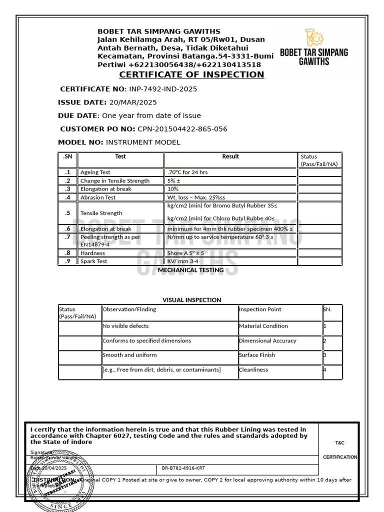 CERTIFICATE OF INSPECTION Rubber | PDF | Materials Science | Applied ...