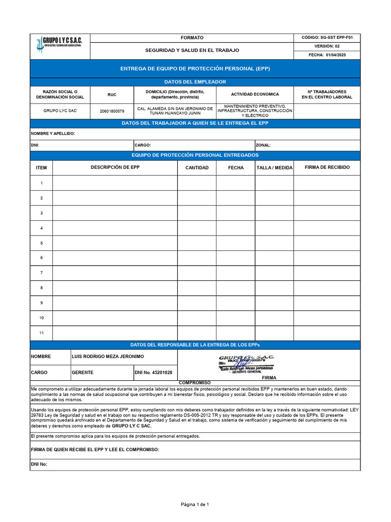 1 SG-SST Epp-F01 Entrega de Epp - JR | PDF | Seguridad y salud ocupacional