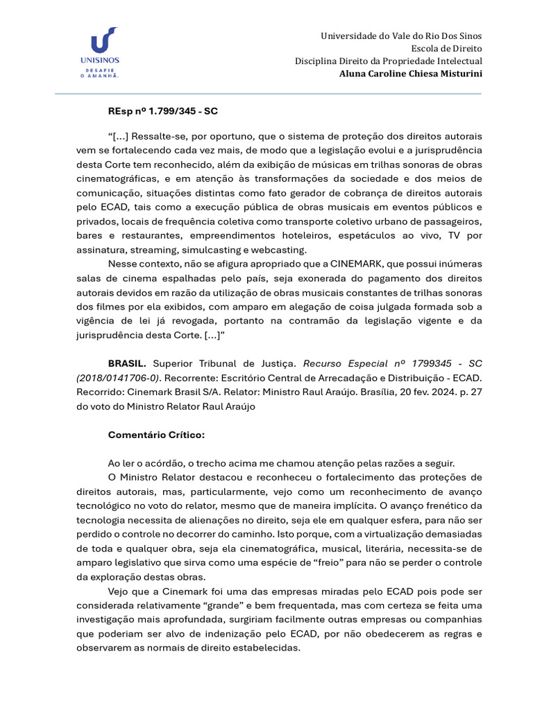 UNISINOS Atividade Avaliativa - Propriedade Intelectual - Aluna ...
