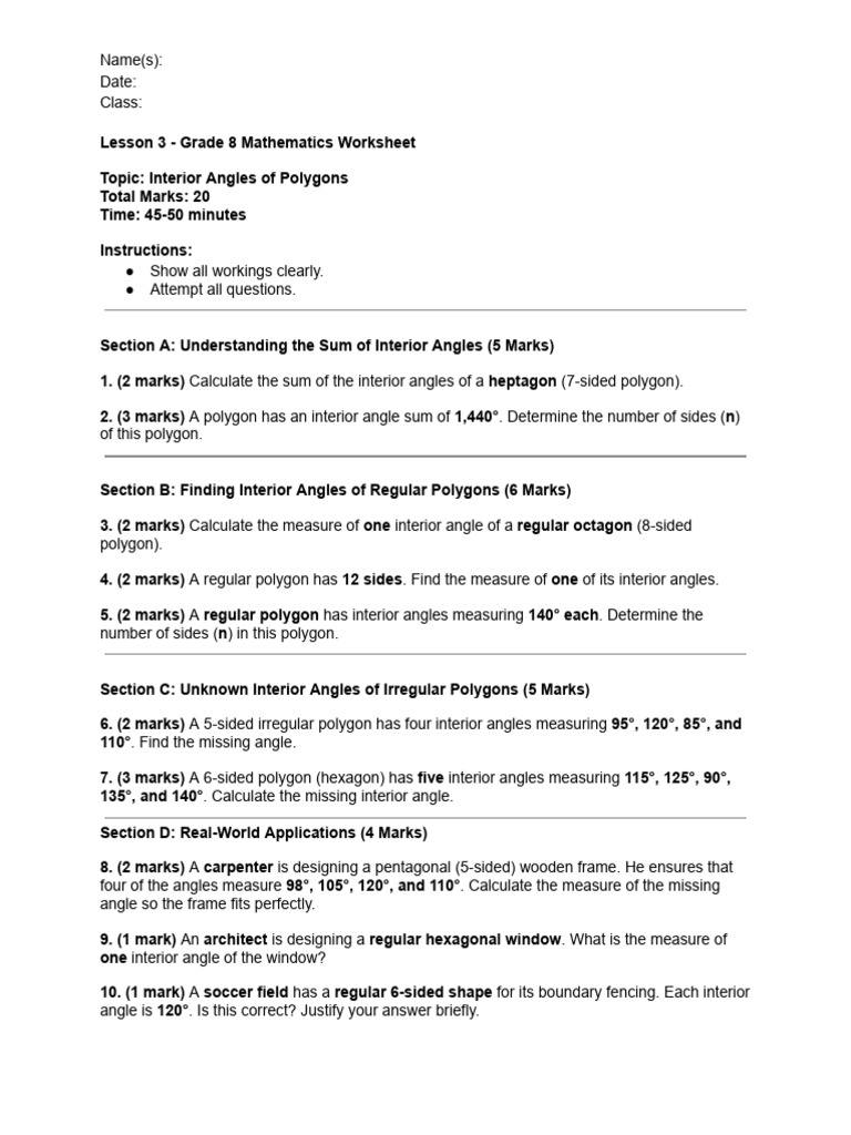Interior Angles of Polygons Worksheet | PDF