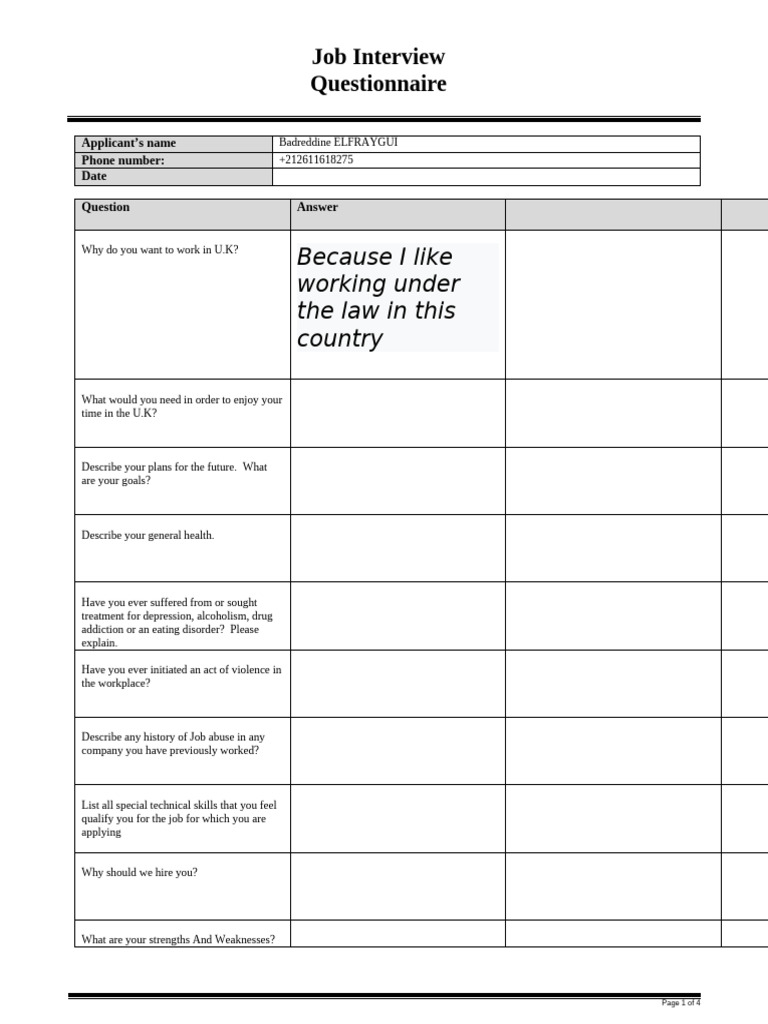 Job Interview Questionnaire | PDF | Job Interview | English Language