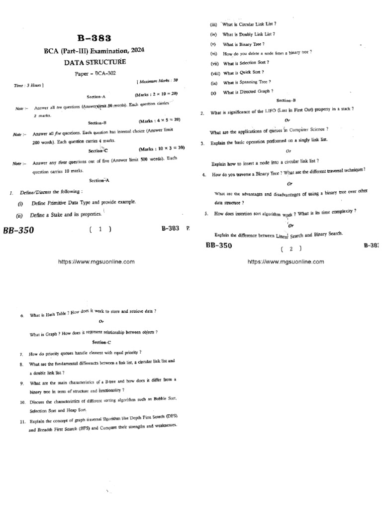 Bca Part 3 Data Structure B 383 2024 | PDF