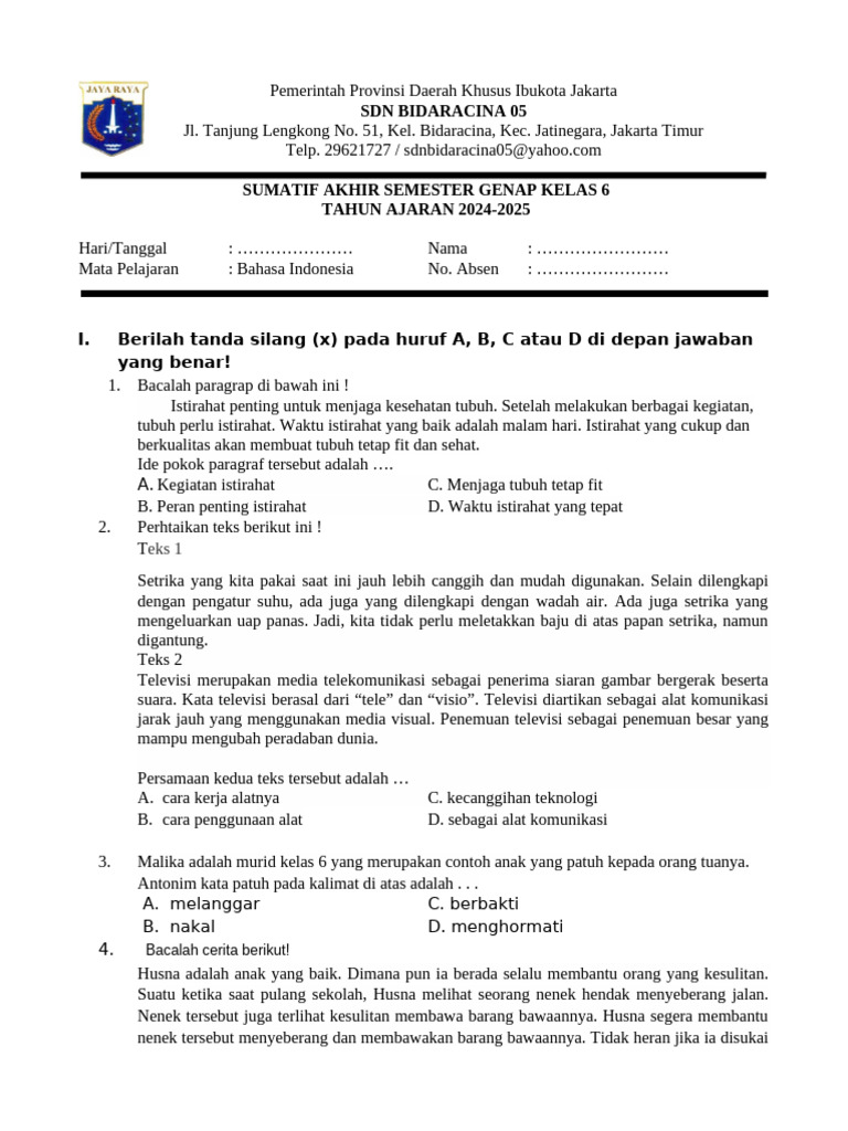 Sumatif Akhir Semester Bi Kls 6 2024-2025 | PDF