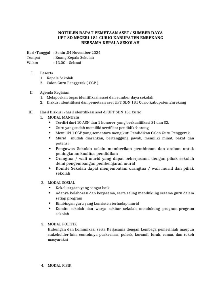 Notulen Rapat Pemetaan Aset Dengan Kepala Sekolah | PDF