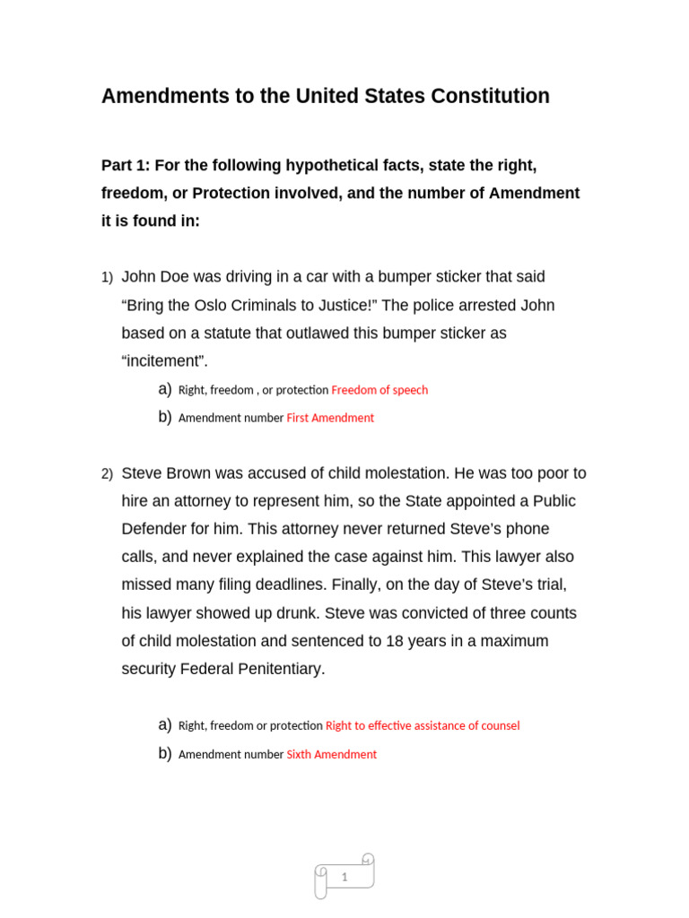 Exercise ANSWERED For Amendments To The United States Constitution ...