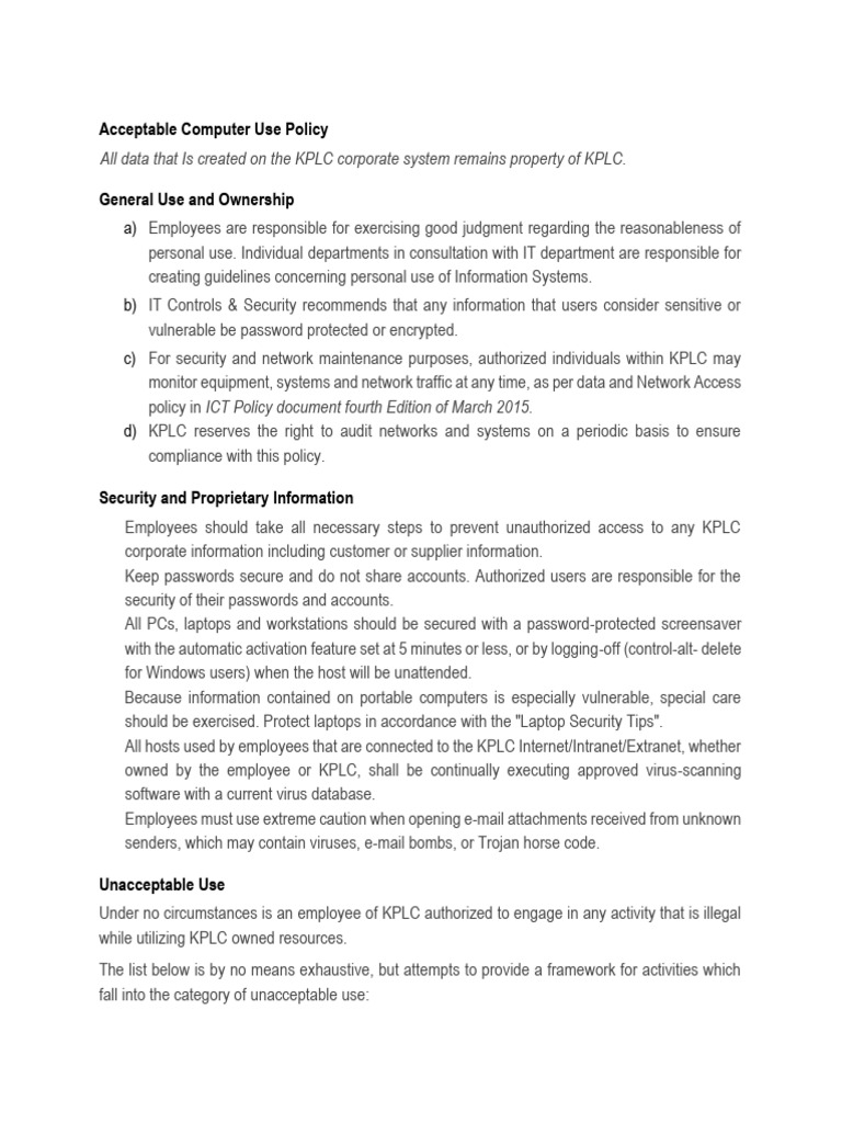 DOC-4 - KPLC Students Acceptable Computer Usage Policy | PDF | Security ...