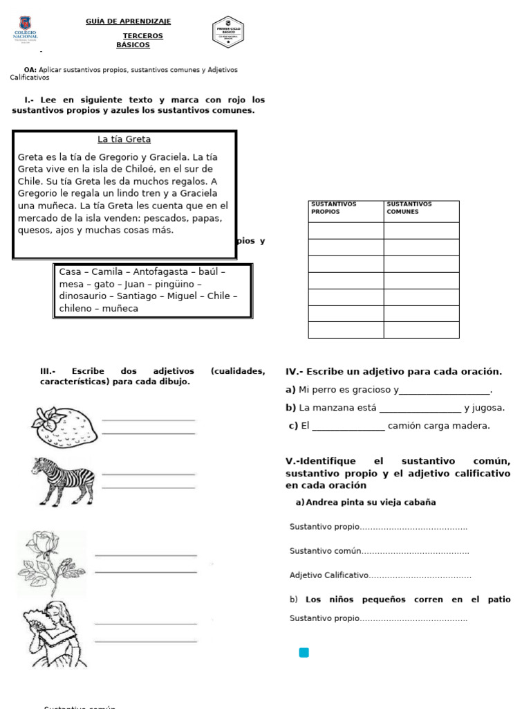 Guia de Adjetivo Calificativo y Sustantivos | PDF | Adjetivo | Morfología Lingüística