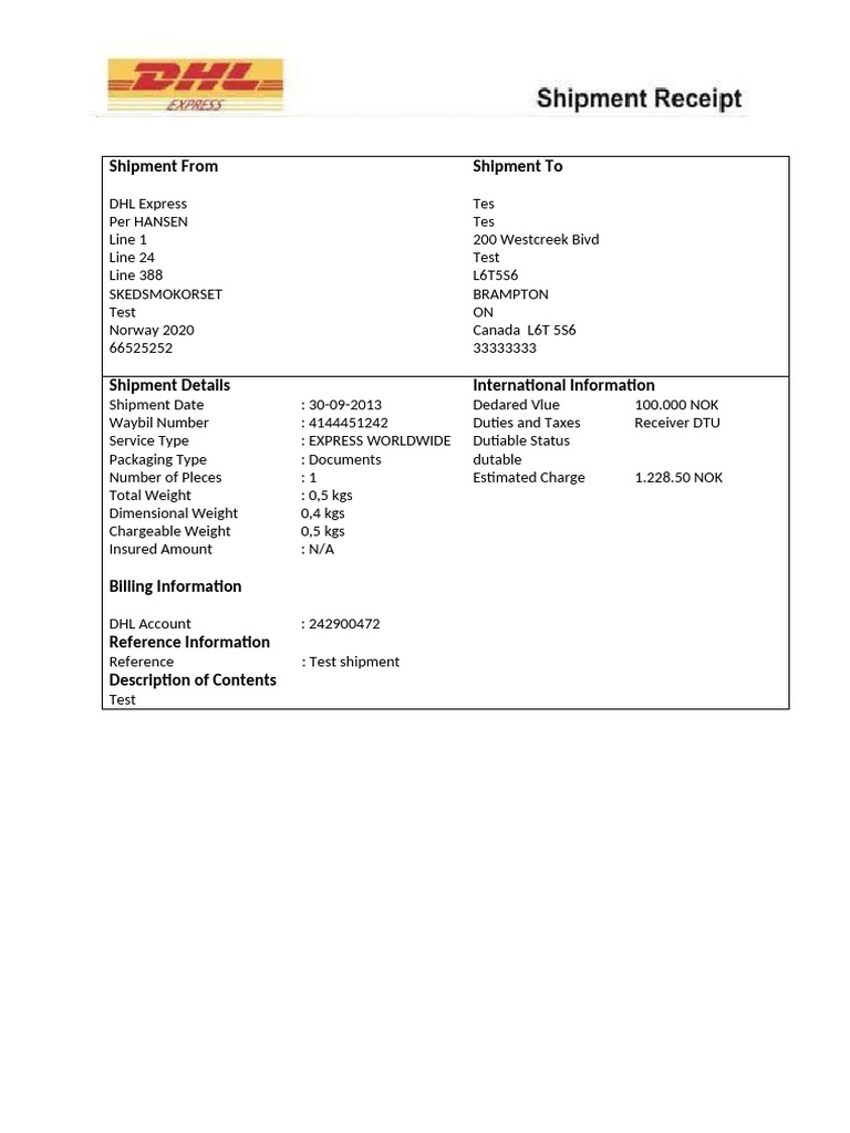 DHL Express Worldwide Shipment Details | PDF