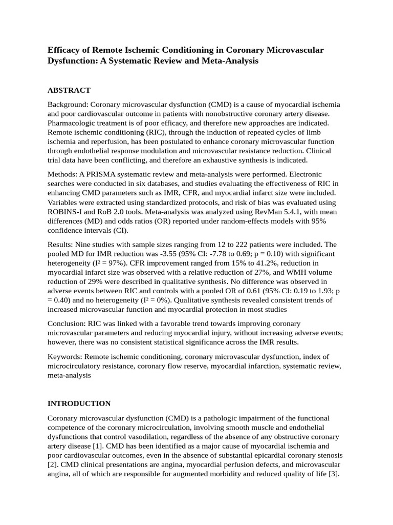 Efficacy of Remote Ischemic Conditioning in Coronary Microvascular ...
