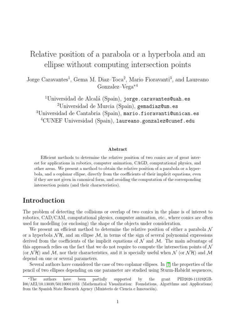 Relative position of a parabola or a hyperbola and an ellipse without computing intersection ...