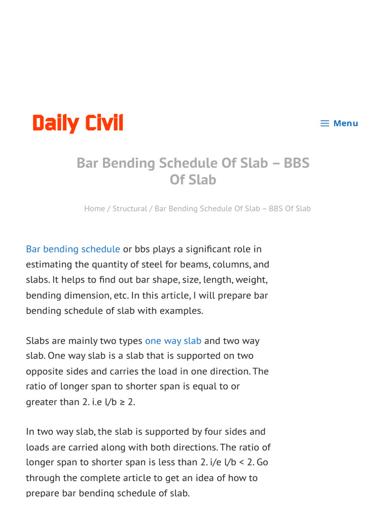 Bar Bending Schedule of Slab - How To Prepare BBS of Slab | PDF ...