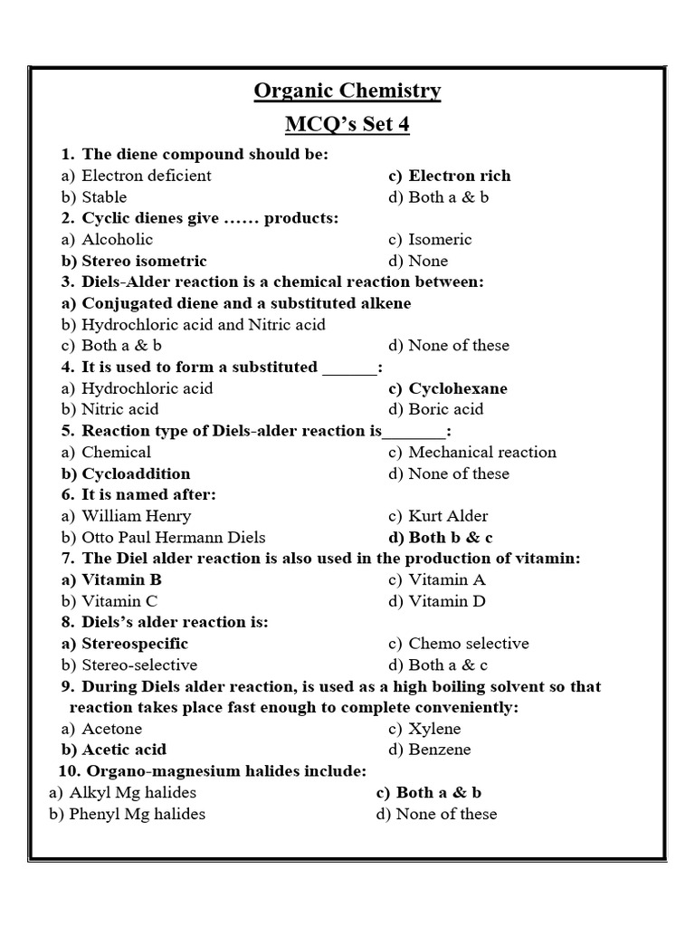 Organic Chemistry MCQs: Diels-Alder & Grignard | PDF | Ether | Molecules
