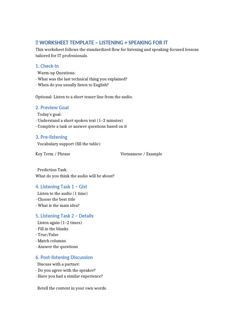 IT Listening and Speaking Worksheet | PDF