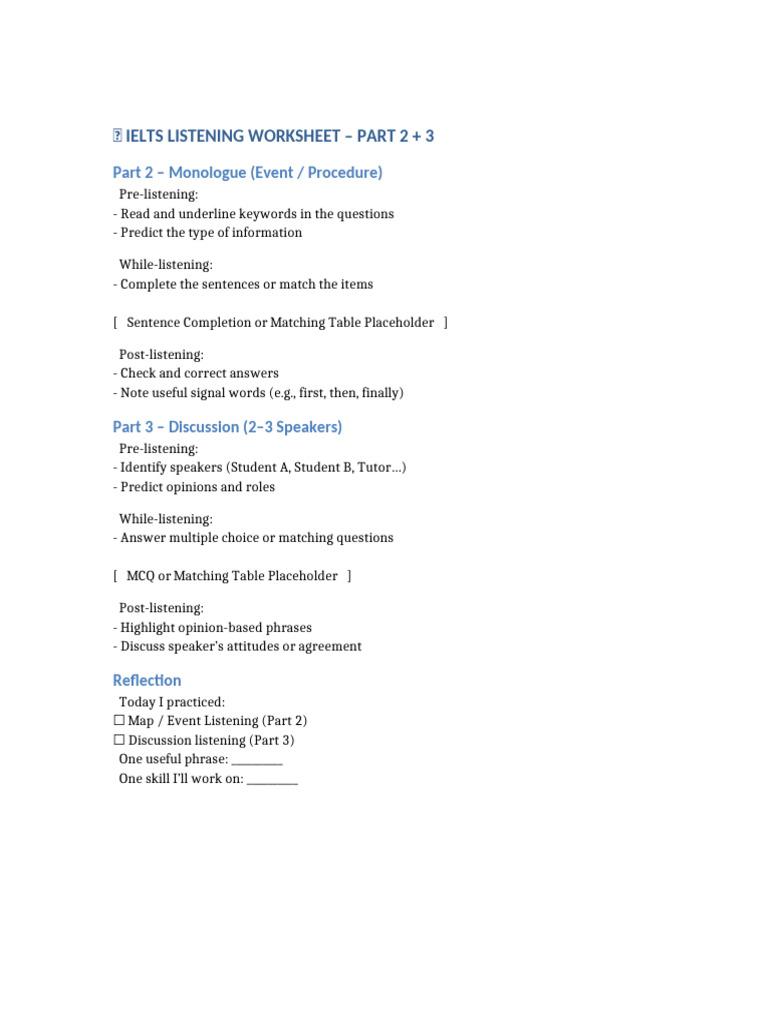 IELTS Listening Worksheet: Parts 2 & 3 | PDF