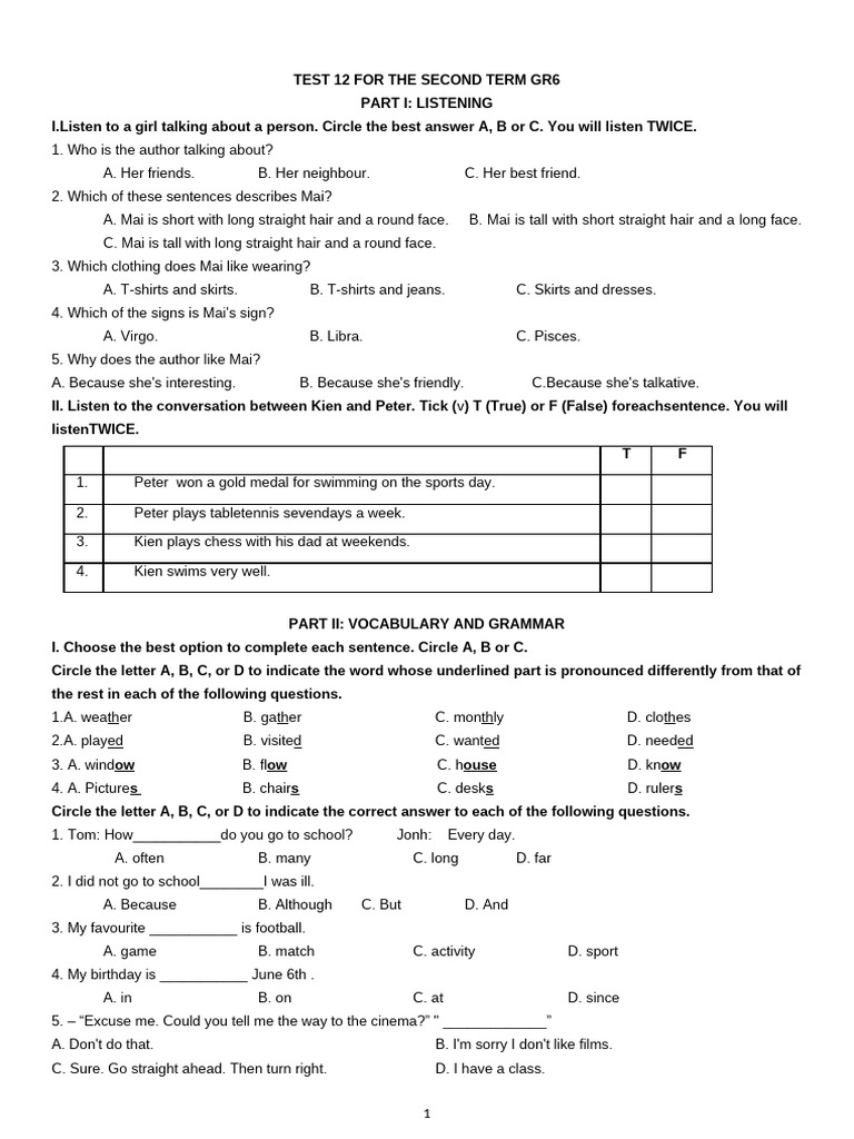 Grade 6 Term 2 Listening & Grammar Test | PDF | Tokyo