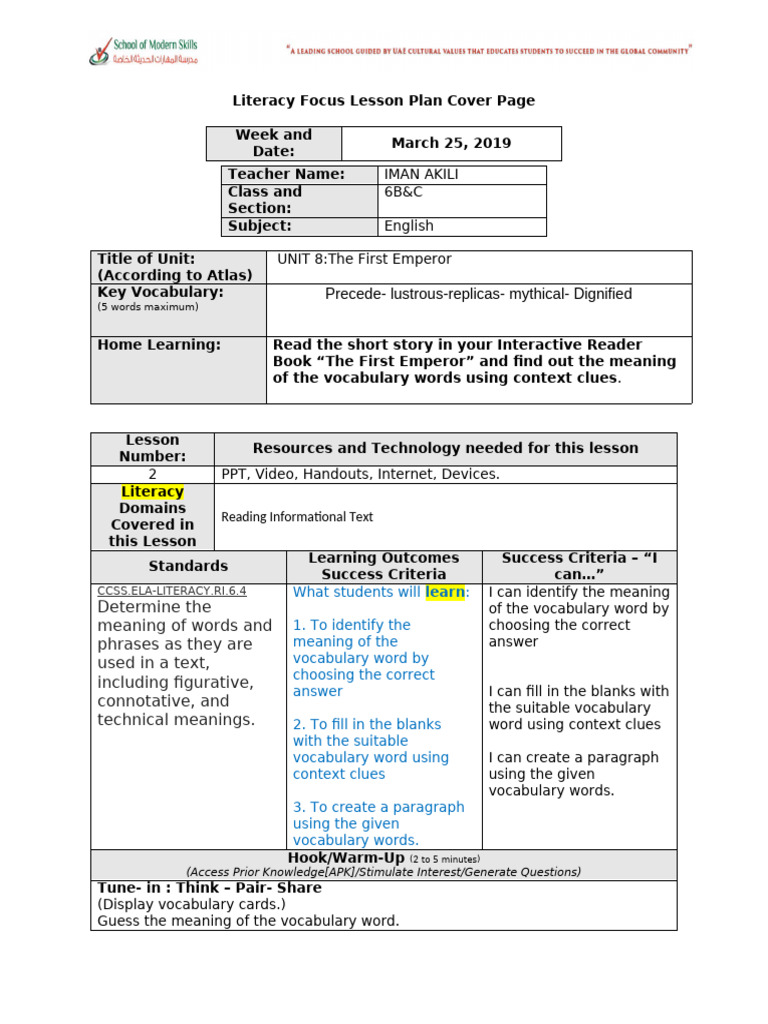 Lesson Plan Grade 6 Week 8 - Vocab 1 | PDF | Vocabulary | Human Communication