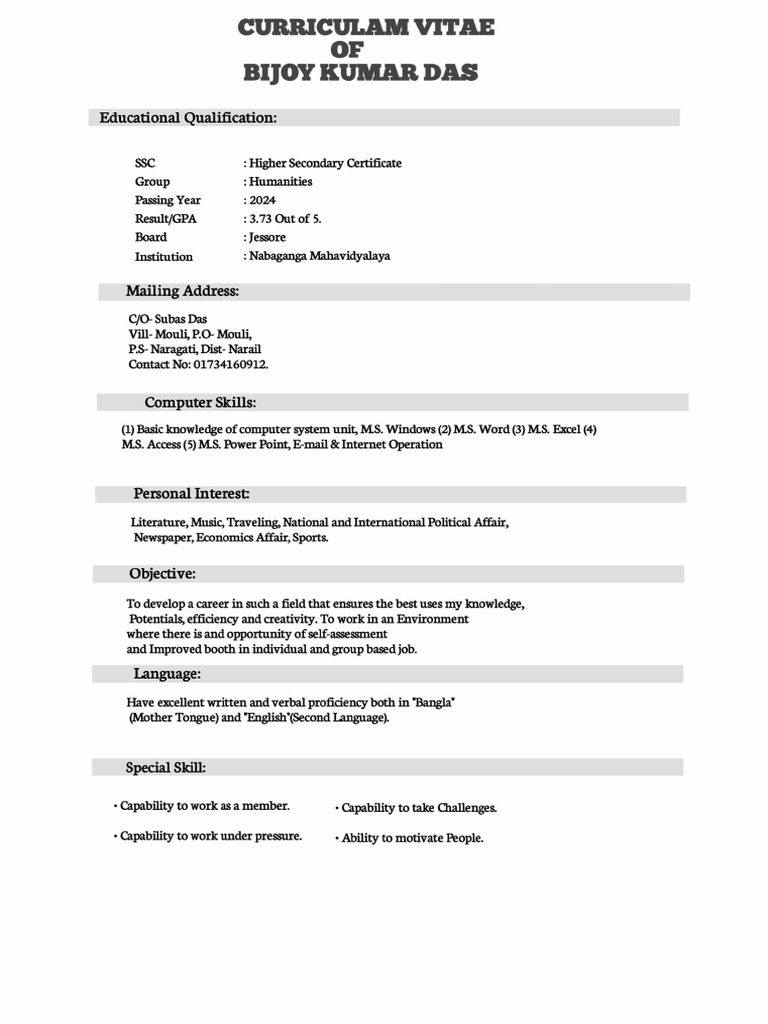 Cv With Bijoy Das. | PDF