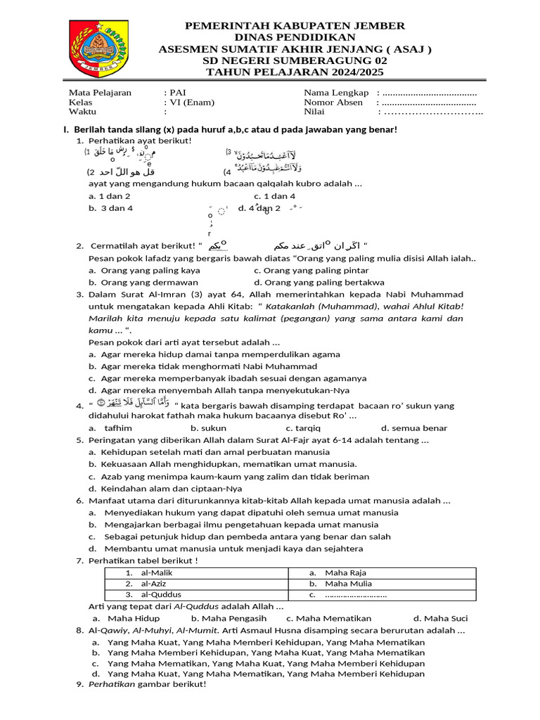Soal Asaj Kelas 6 2025 Gugus 5 Sumberagung | PDF