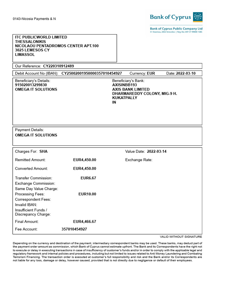 Outward Credit Transfer: 0143-Nicosia Payments & N | PDF | Banks | Payments