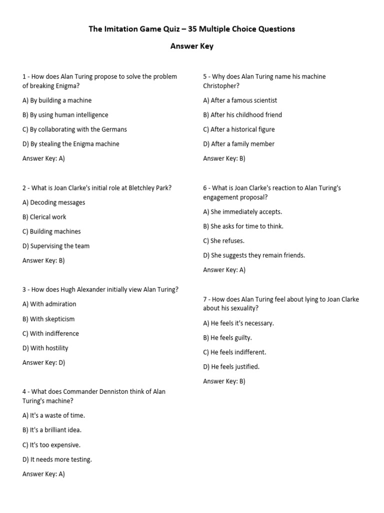 The Imitation Game Multiple Choice Quiz - Answer Key | PDF | Alan Turing