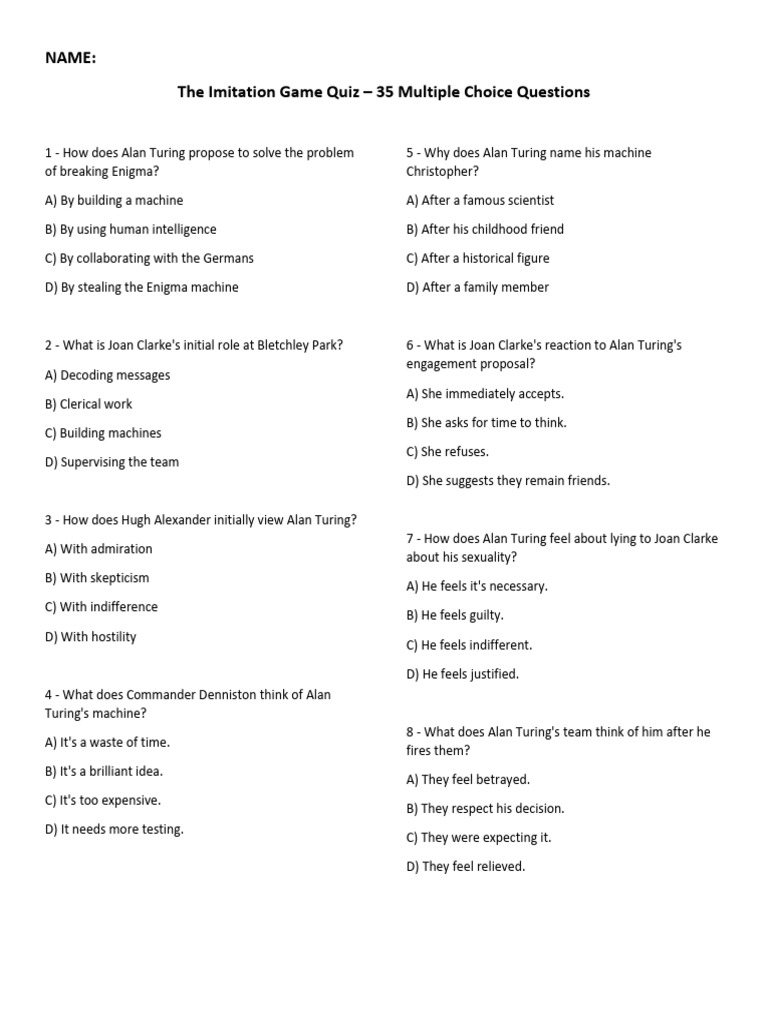 The Imitation Game Multiple Choice Quiz - Student | PDF | Alan Turing
