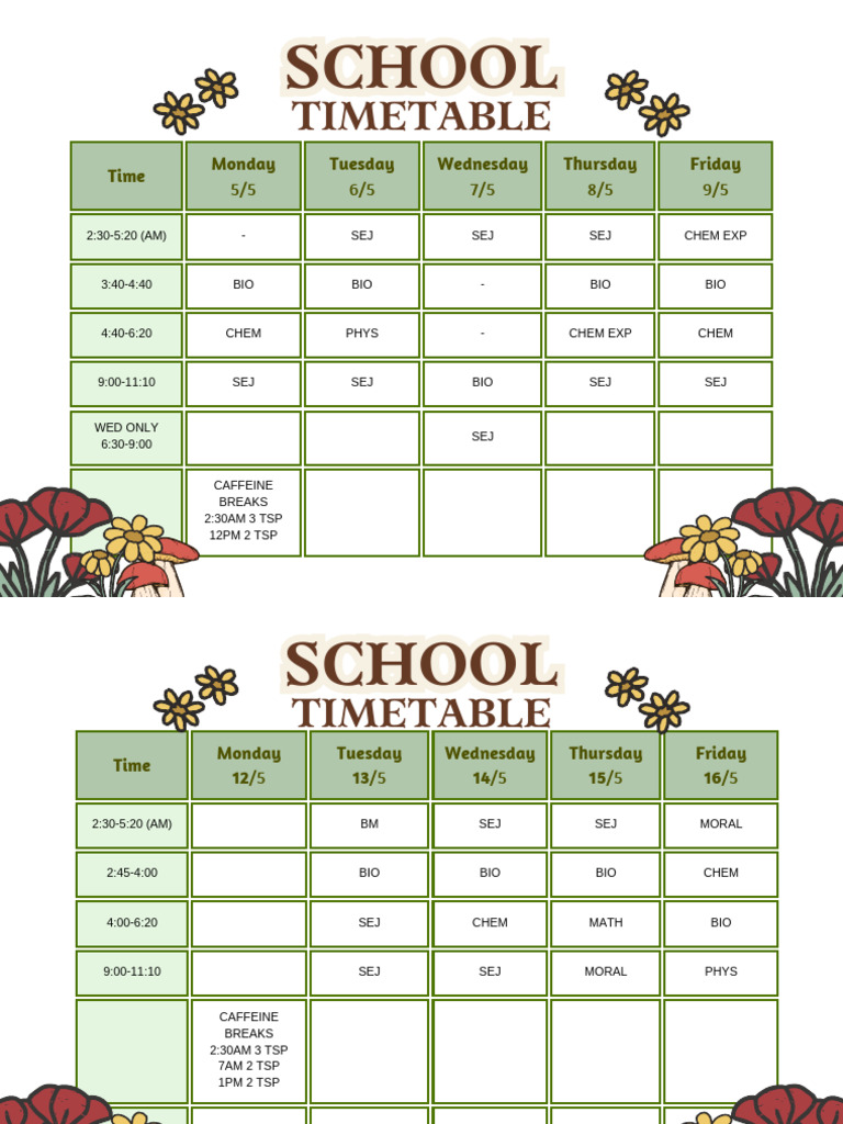 Beige and Green Colorful Scrapbook Vintage School Timetable A4 Document ...