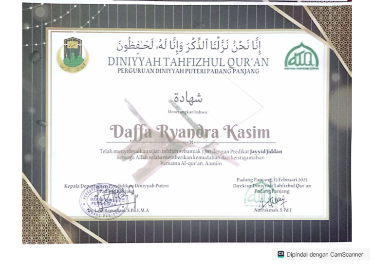 Sertifikat Tahfiz - Daffa Ryandra Kasim - SMAN 1 SUMATERA BARAT | PDF