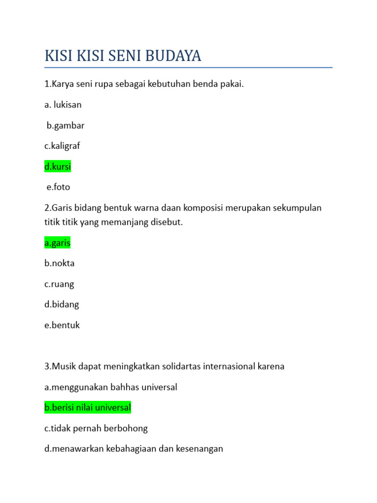 KISI KISI SENI BUDAYA Answers | PDF