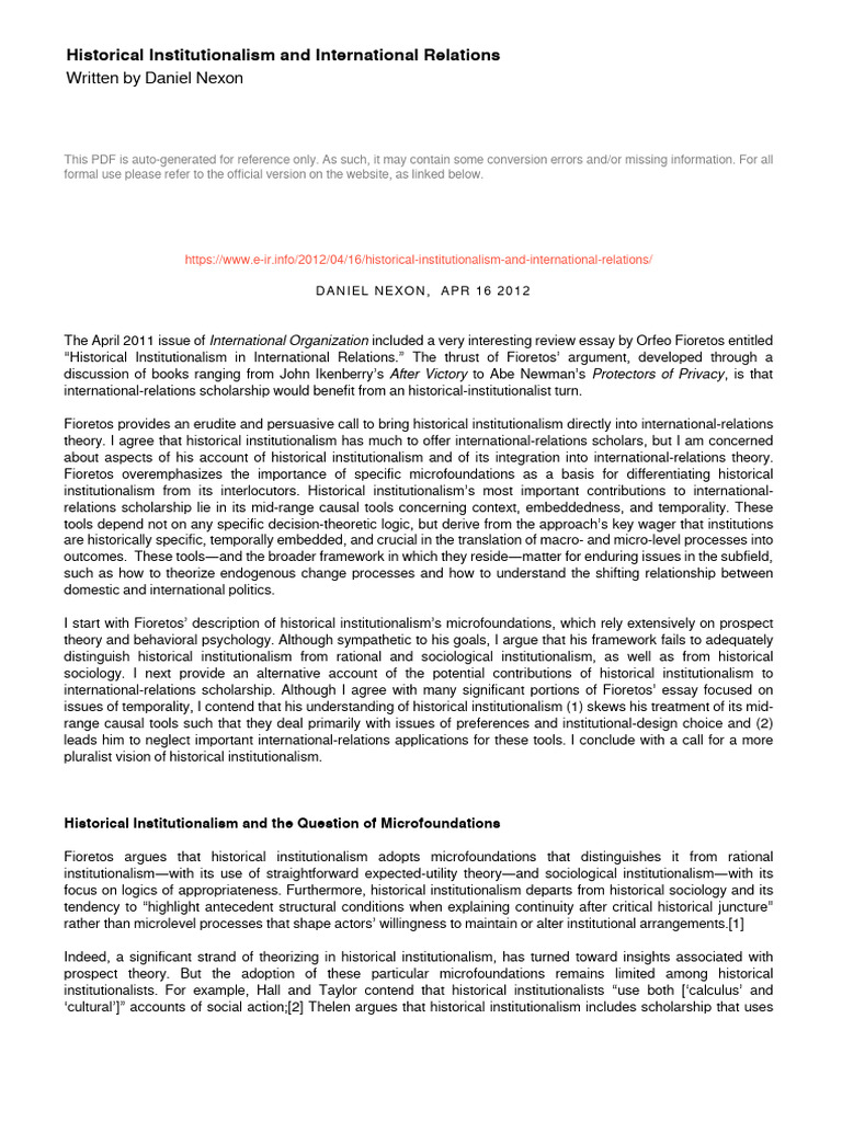 Historical Institutionalism and International Relations | PDF ...