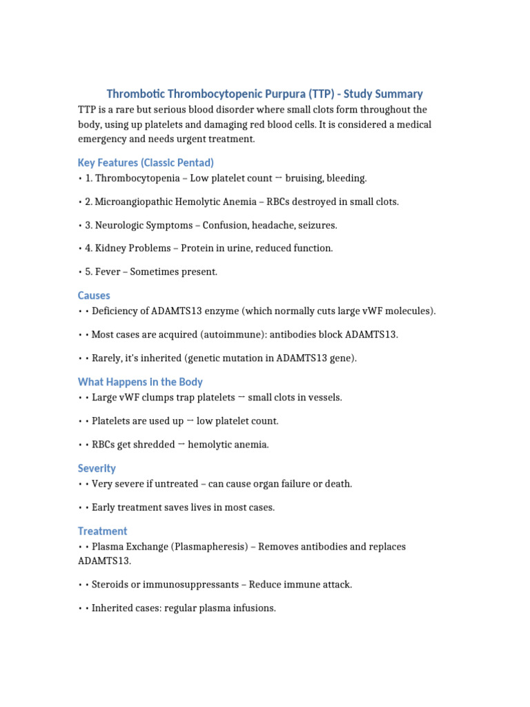 TTP Thrombotic Thrombocytopenic Purpura Study Summary | PDF