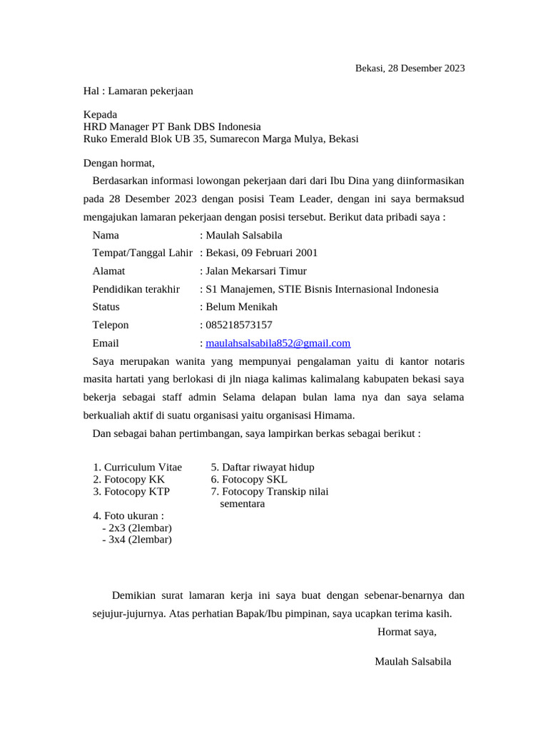 SURAT LAMARAN PEKERJAAN CACA | PDF