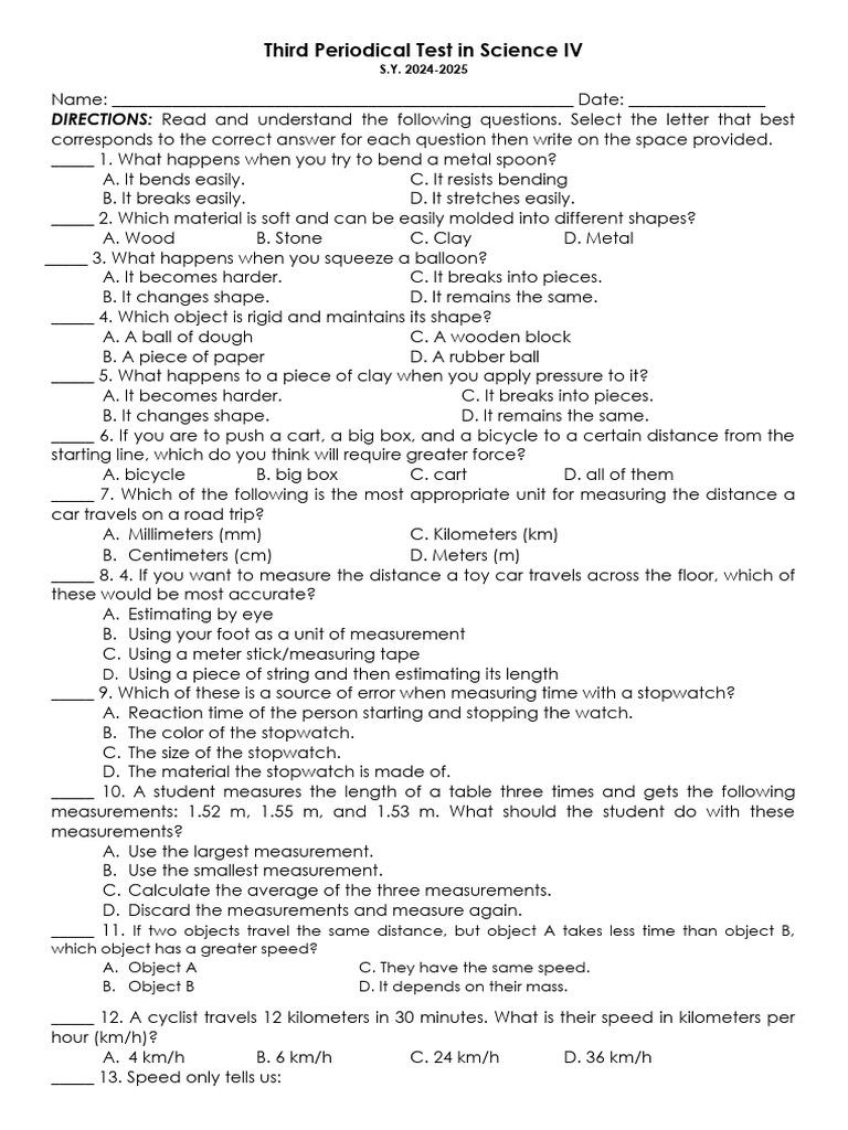 Third Periodical Test in Science 4 Sy 24 25 | PDF | Speed | Magnet