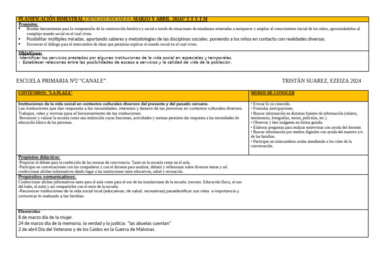 Planif Bimestral Mar y Abr CS Soc 1º | PDF | Educación primaria | Institución