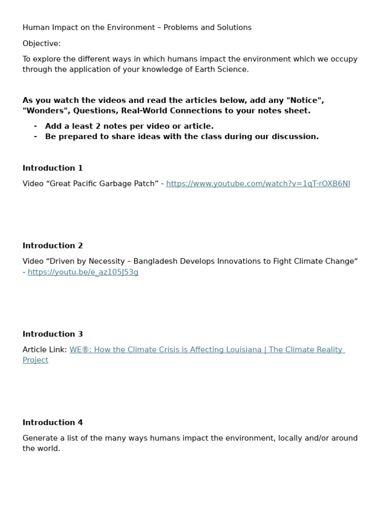Introduction Notes For Human Impact On The Environment | PDF