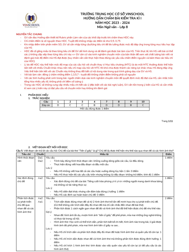 Ngữ Văn Lớp 8 2023-2024 HK1 HDC Đề Chính Thức | PDF