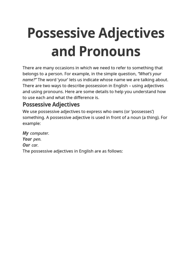 Possessive Adjectives and Pronouns | PDF | Grammatical Gender | Pronoun