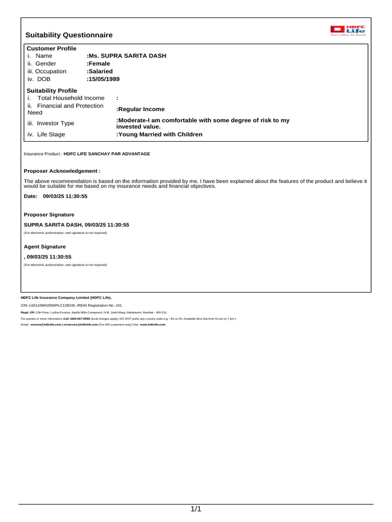 HDFC Life Suitability Questionnaire | PDF