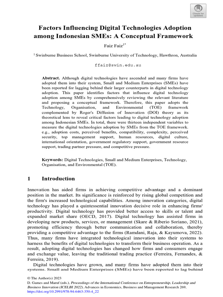 Factors Influencing Digital Technologies Adoption among Indonesian SMEs A Conceptual Framework ...