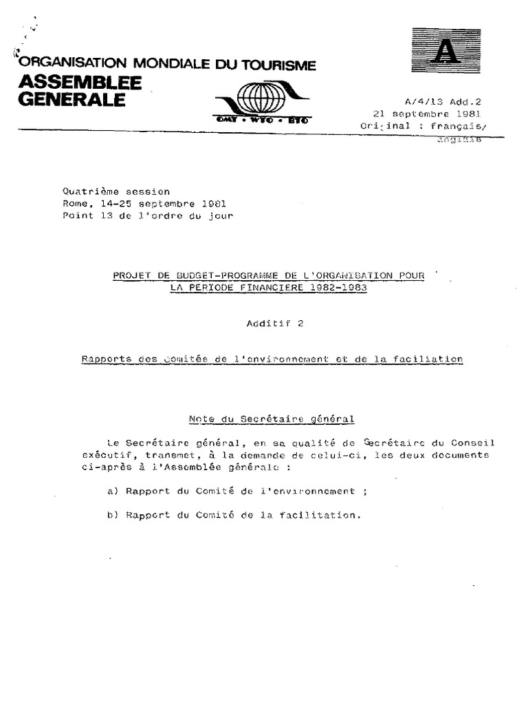 2007 Projet Du Budget Programme de L Organisation Pour La Période Financière 1982 1983 Additif 2 ...