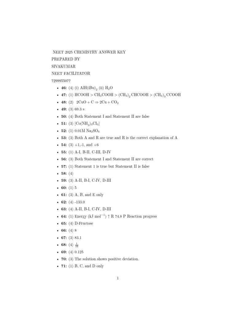 Neet 2025 Chemistry Answer Key - Score High | PDF